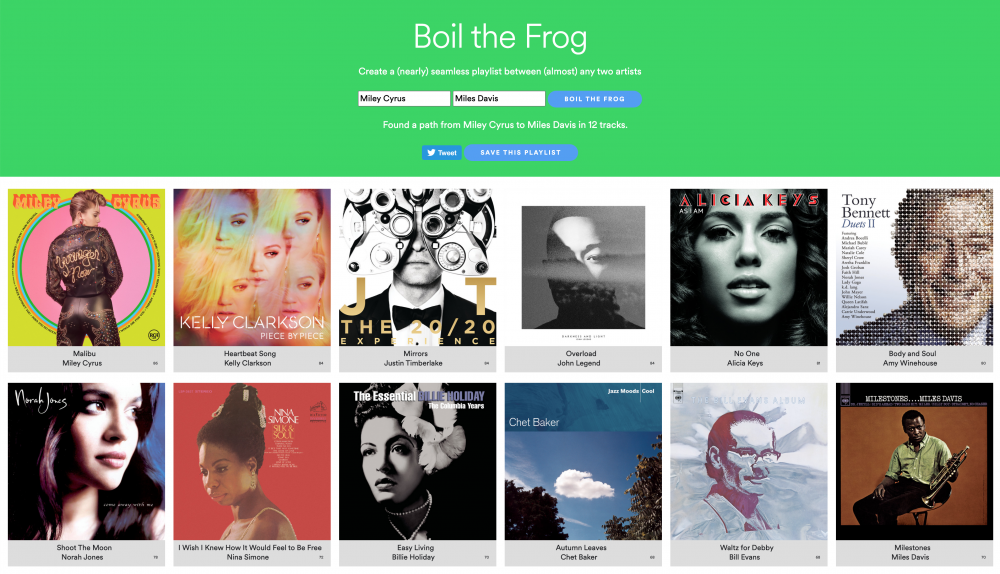 Boil the Frog generates a playlist that takes you between two artists ...